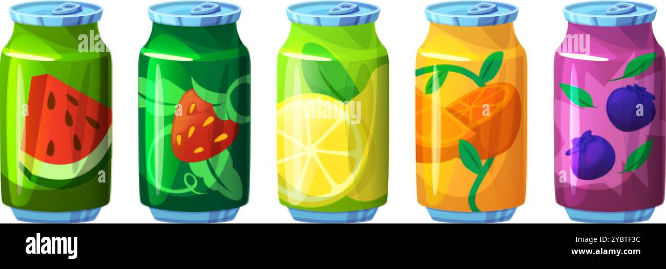 Fruit and berry carbonated soda in tin can. Assorted cool fizzy juice ...
