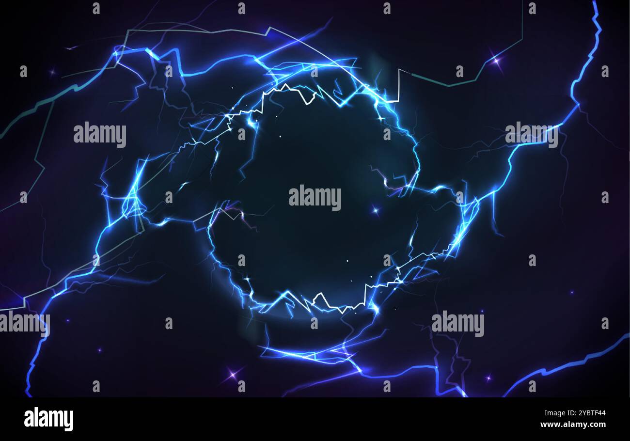 Blue thunder bolt light and electric energy discharge in form of circle ...