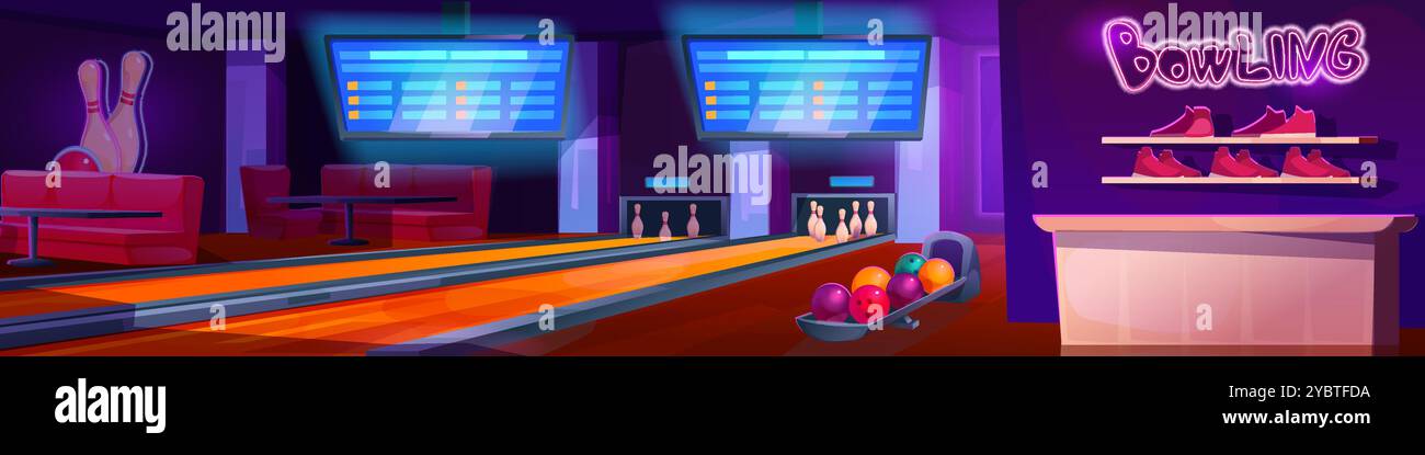 Bowling alley in game club with screen cartoon background. Empty indoor ...