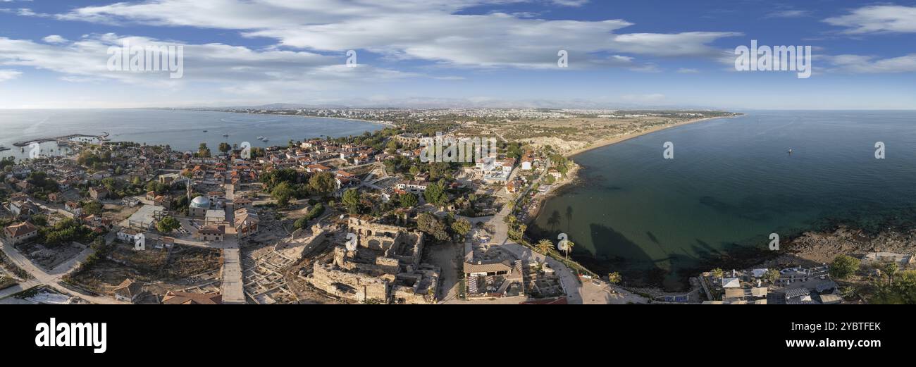 Aerial top drone view of ancient Side town, Antalya Province in Turkey ...