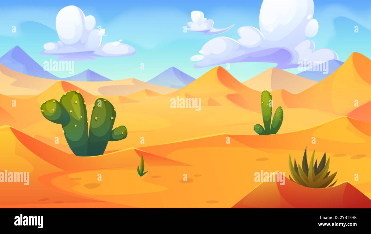 Arabian or Egyptian desert landscape with sand dunes, green cactus and ...
