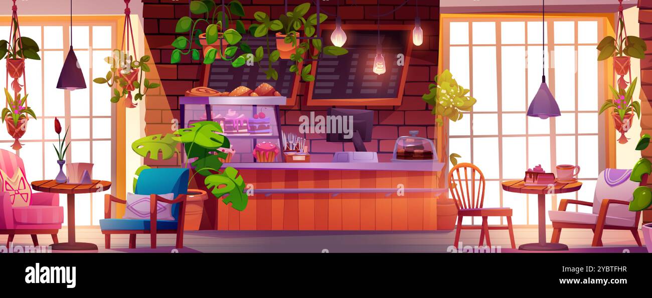 Coffee shop interior design. Modern cafe or bar vector background ...