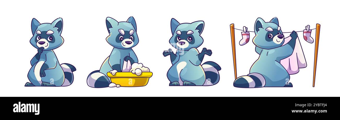 Cute raccoon mascot. Funny wash animal character. Racoon drawing set ...