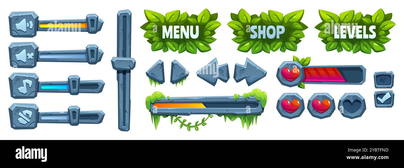 Jungle game stone ui frame cartoon vector icon. Forest leaf and liana ...