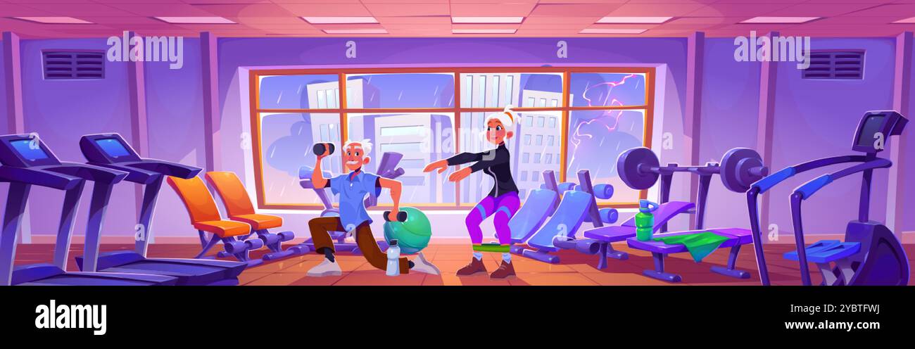 Senior people go in for sport in gym. Cartoon vector elder woman squat ...