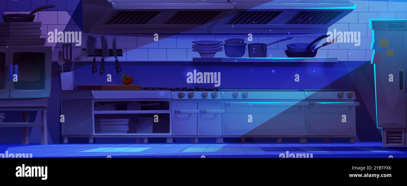 Restaurant kitchen interior at night. Cartoon vector empty dark evening ...