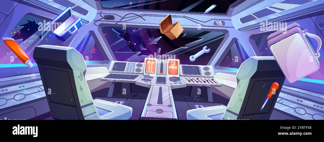 Spaceship crash in night sky. Vector cartoon illustration of space ...