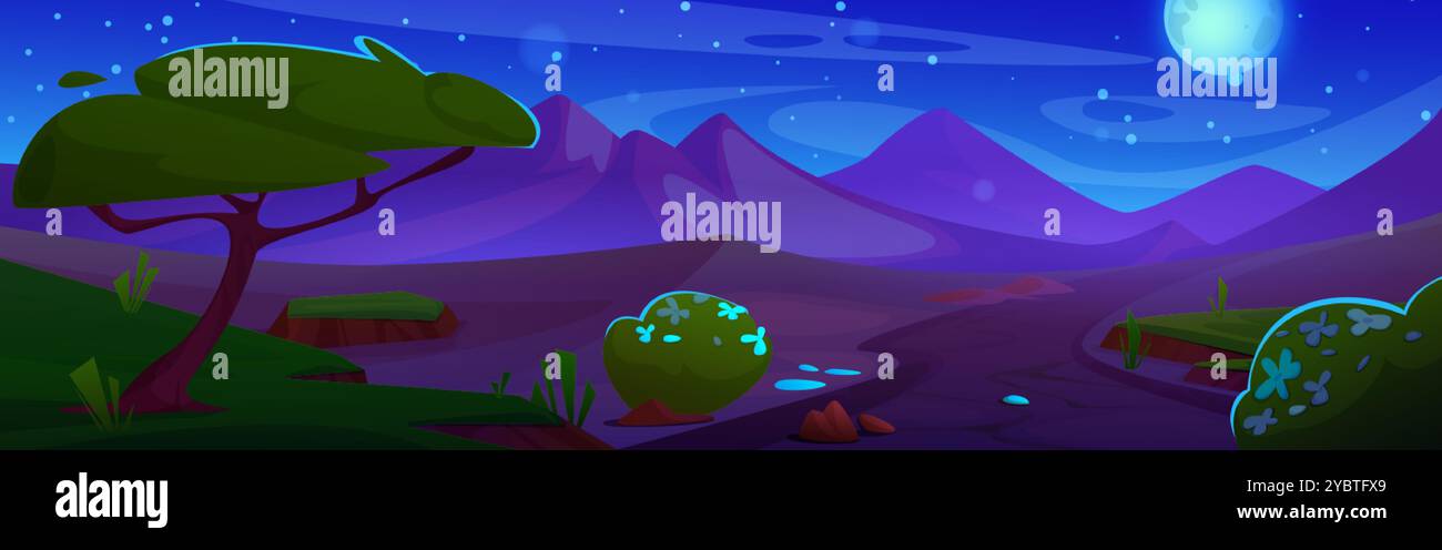 Night desert landscape with sandy dunes. Vector cartoon illustration of ...