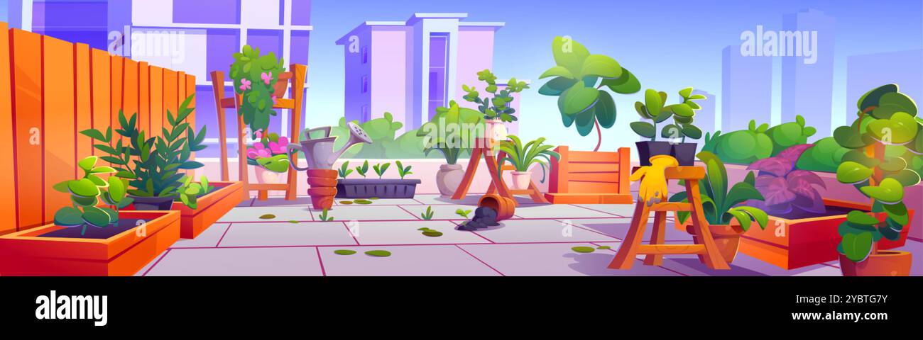 House terrace on rooftop with garden. Cartoon vector of balcony on city ...