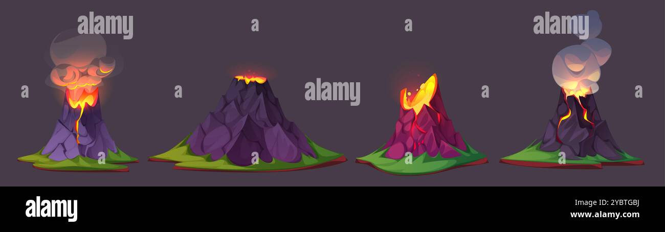 Volcano eruption with flowing lava and smoke cloud on island. Cartoon ...