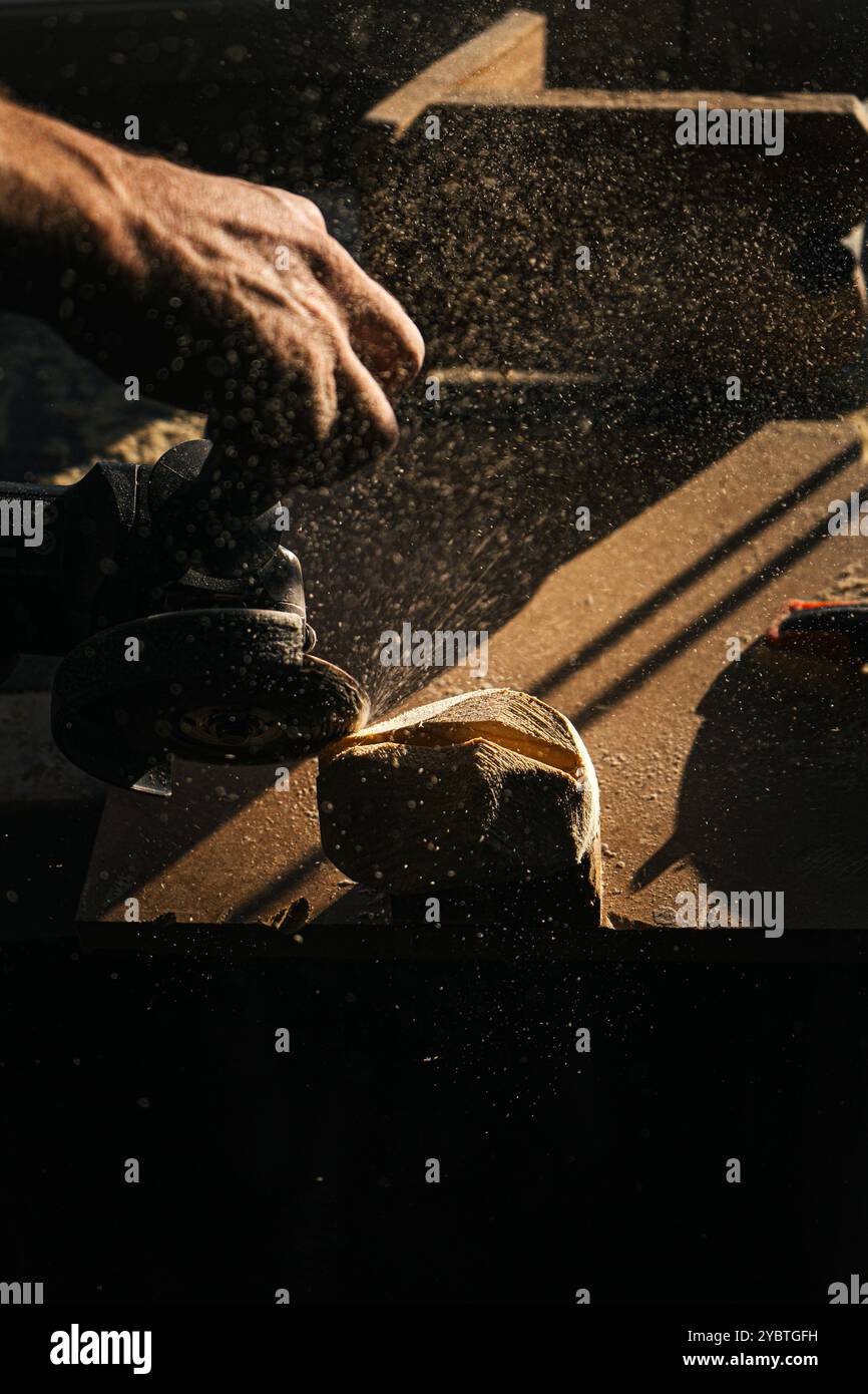 Woodworking process with sawdust flying Stock Photo - Alamy