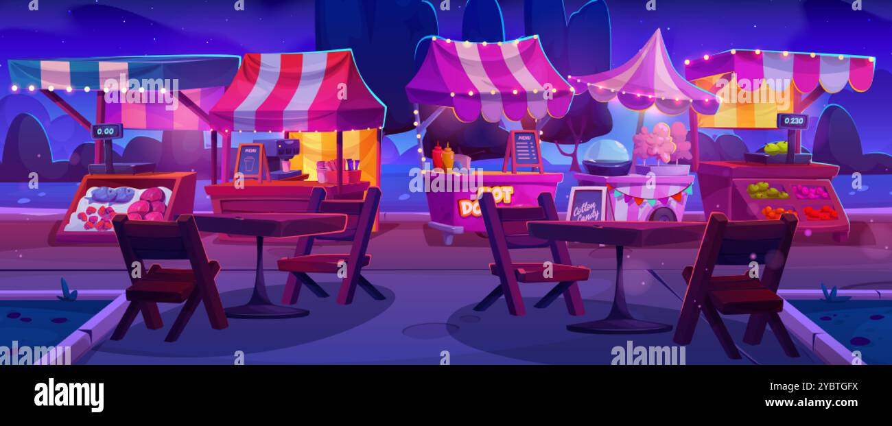 Night food market. Fair stall and festival booth cartoon. Summer event ...