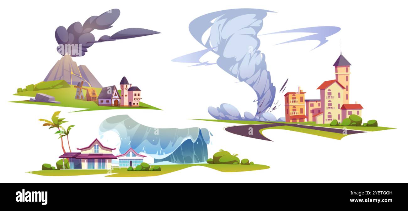 Natural disaster scenes set on white background. Vector cartoon ...
