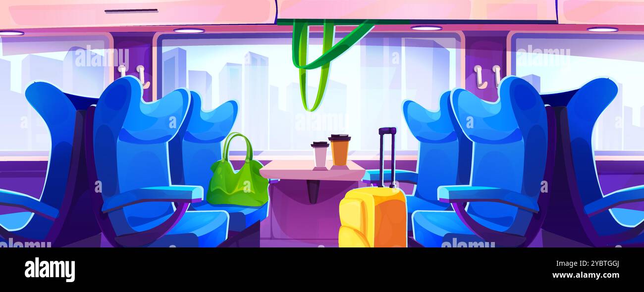 Train compartment interior with passenger seats and luggage in suitcase ...