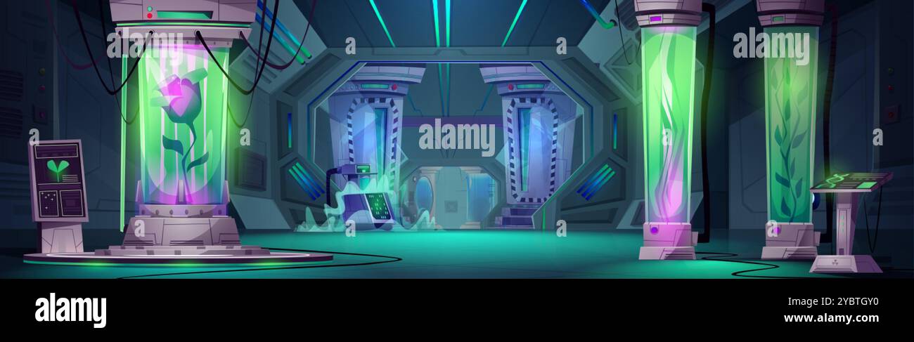 Space ship hall interior with lab inside. Cartoon vector illustration ...