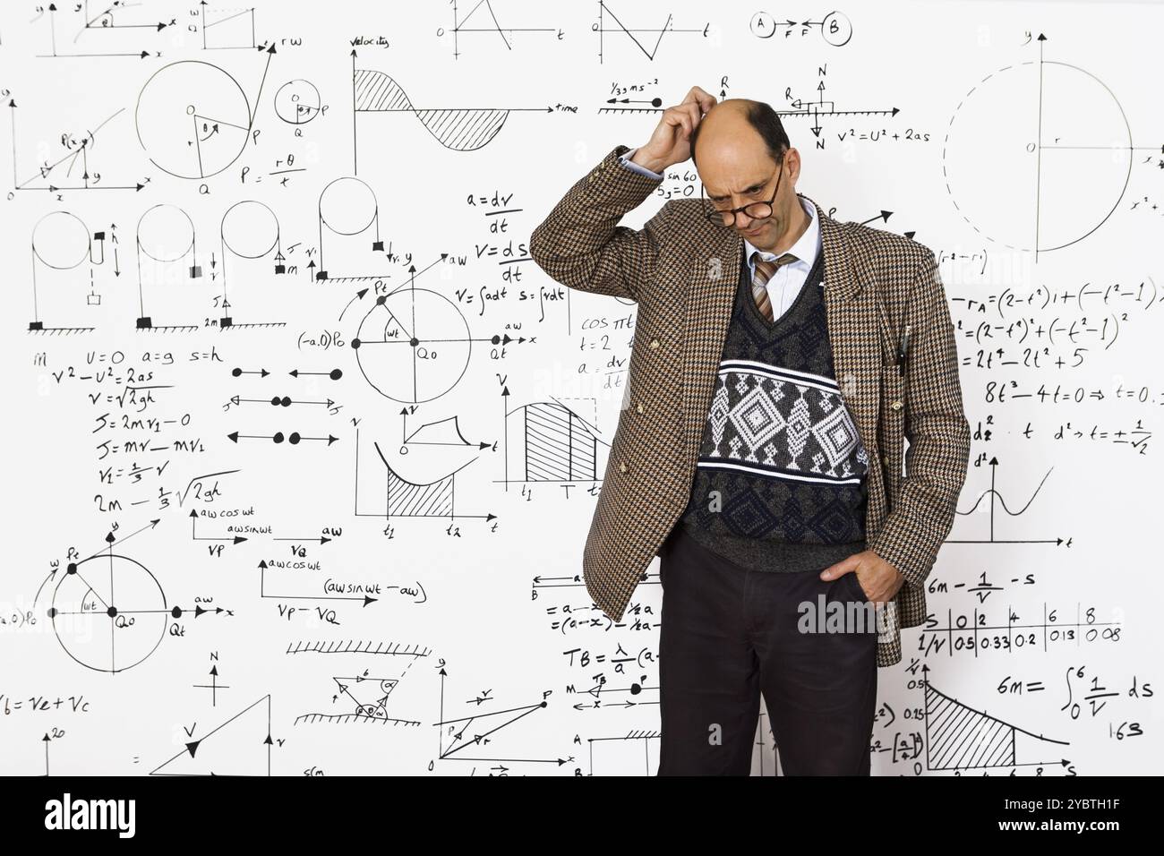 Middle aged caucasian mathematician explaining mathematical equations ...