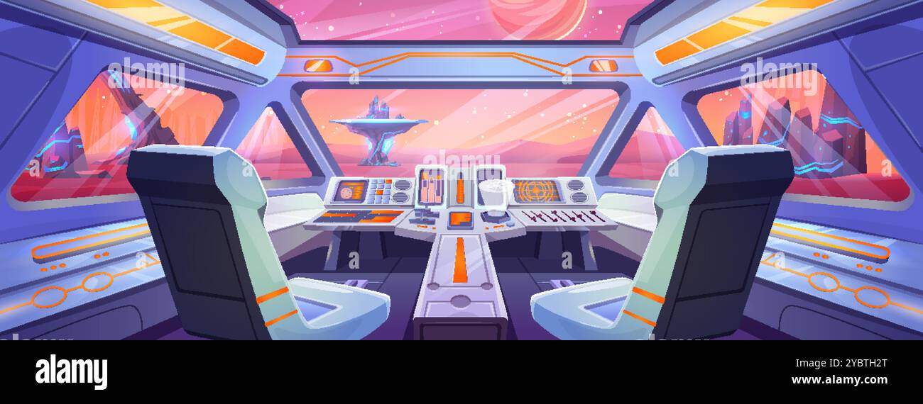 View on alien red planet surface with rock mountains from spaceship ...