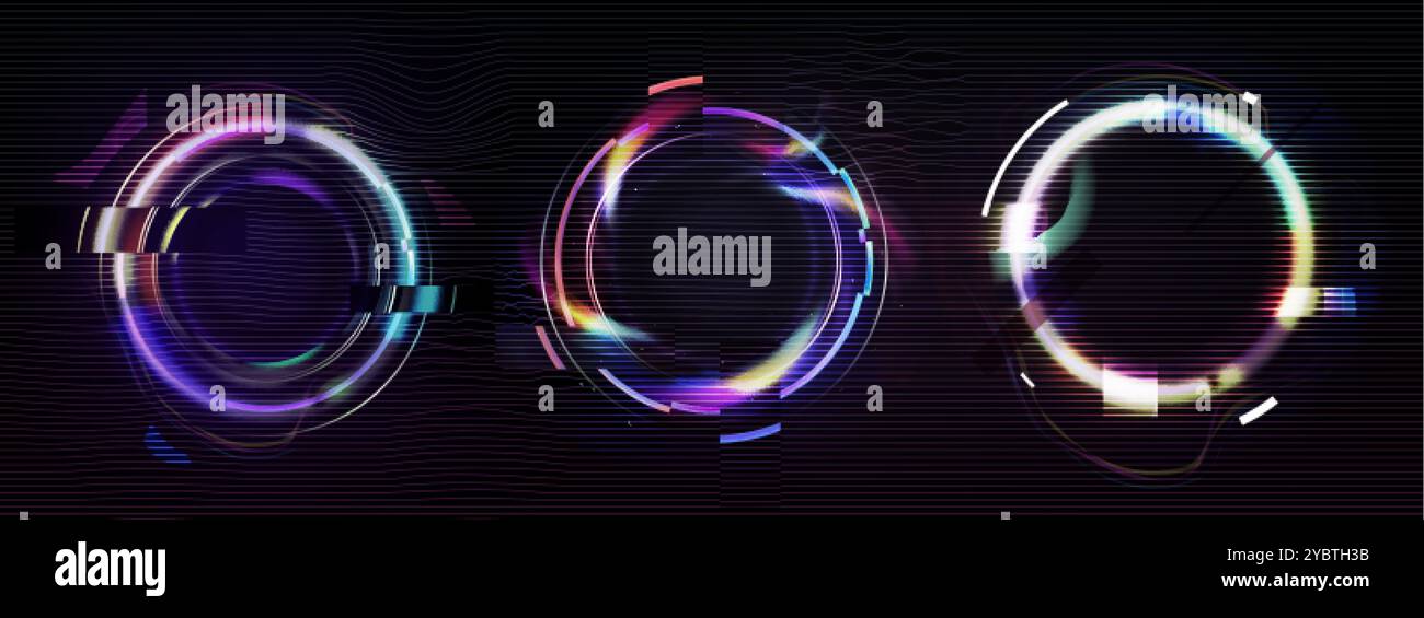 Circle frame with glitch and neon glow effect. Digital round geometric ...