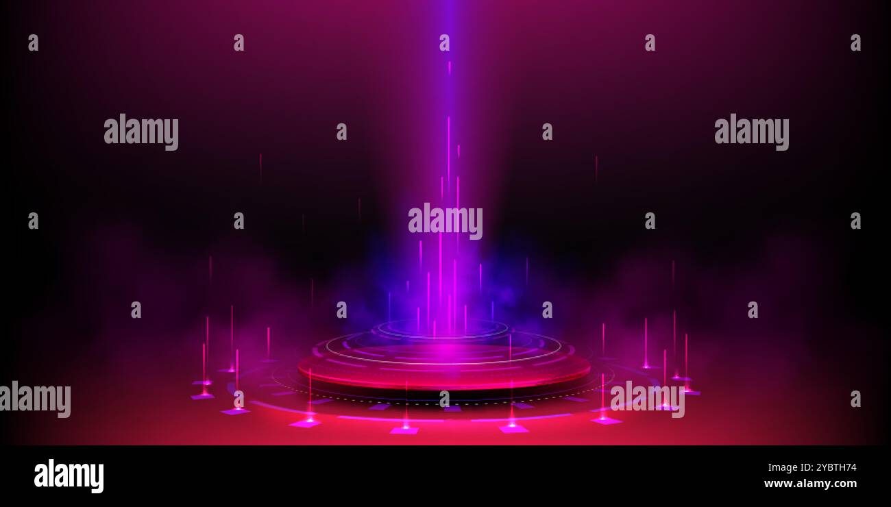 Futuristic platform with neon light portal in clouds of smoke. Vector ...