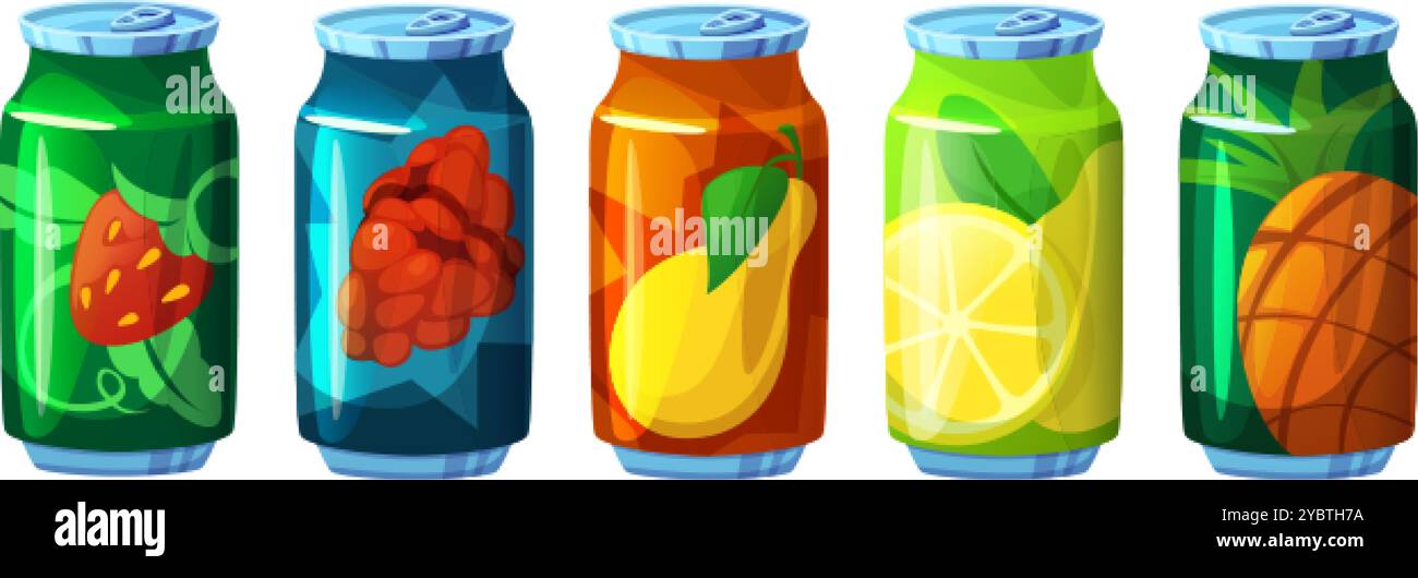 Fruit and berry carbonated soda in tin can. Assorted cool fizzy juice ...