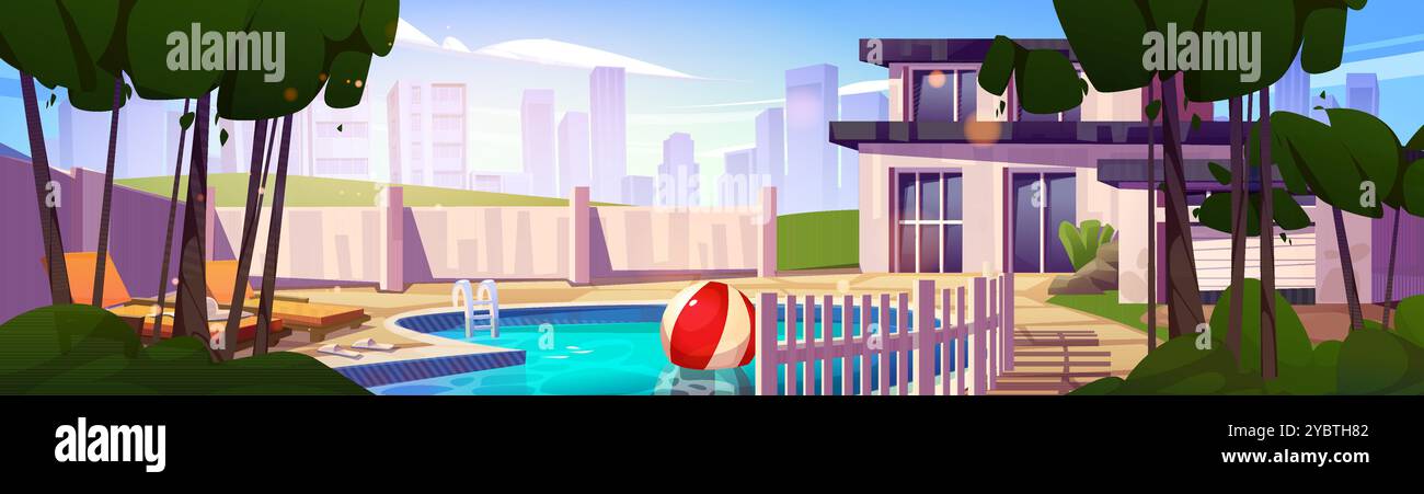 Back yard of modern luxury mansion with swimming pool, lounge chairs ...