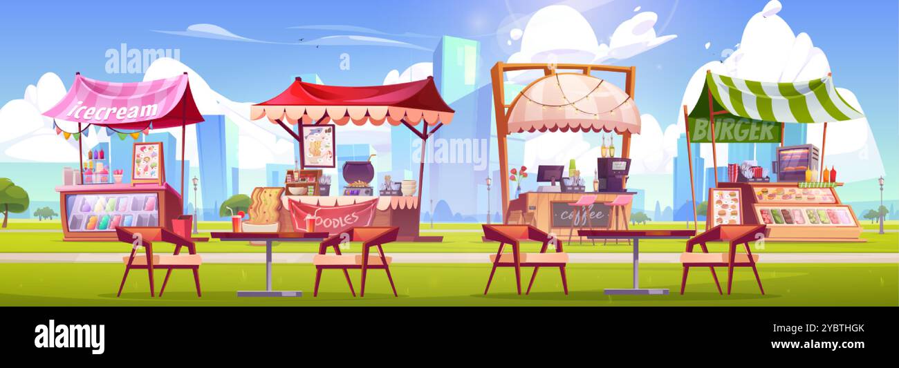 City public park with fast food and drink stalls and tables with chairs ...
