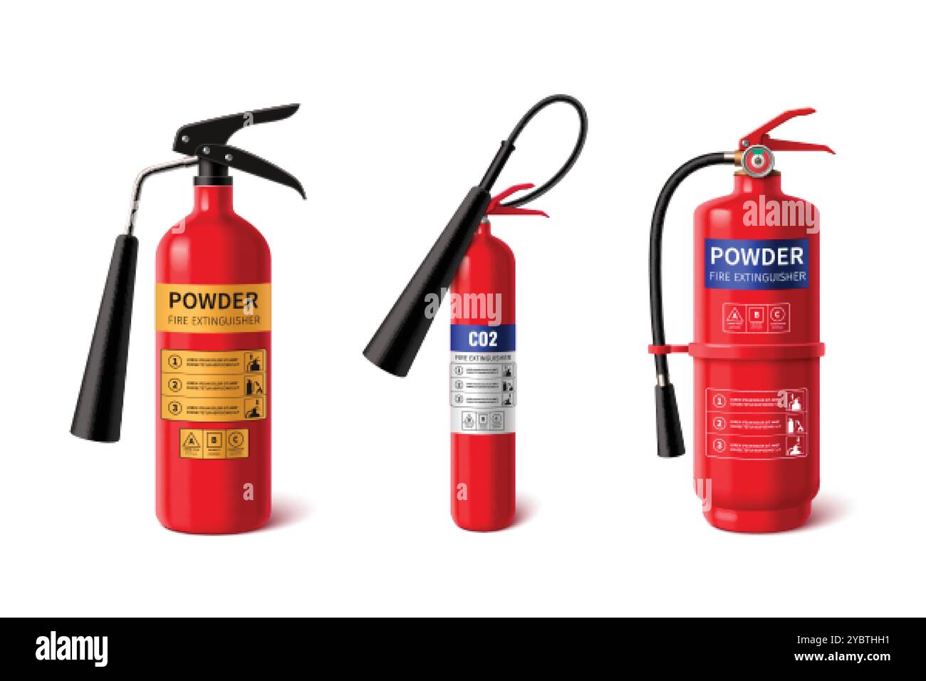 Realistic red fire extinguisher with sprayer and labels for ...