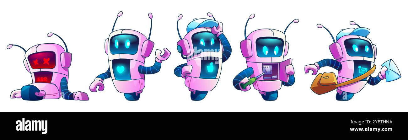 Cute ai robot with hands on wheel in different poses. Cartoon vector ...