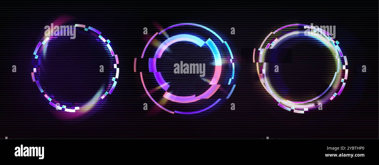 Neon glitch effect circle. Digital ring frame with cyber light ...