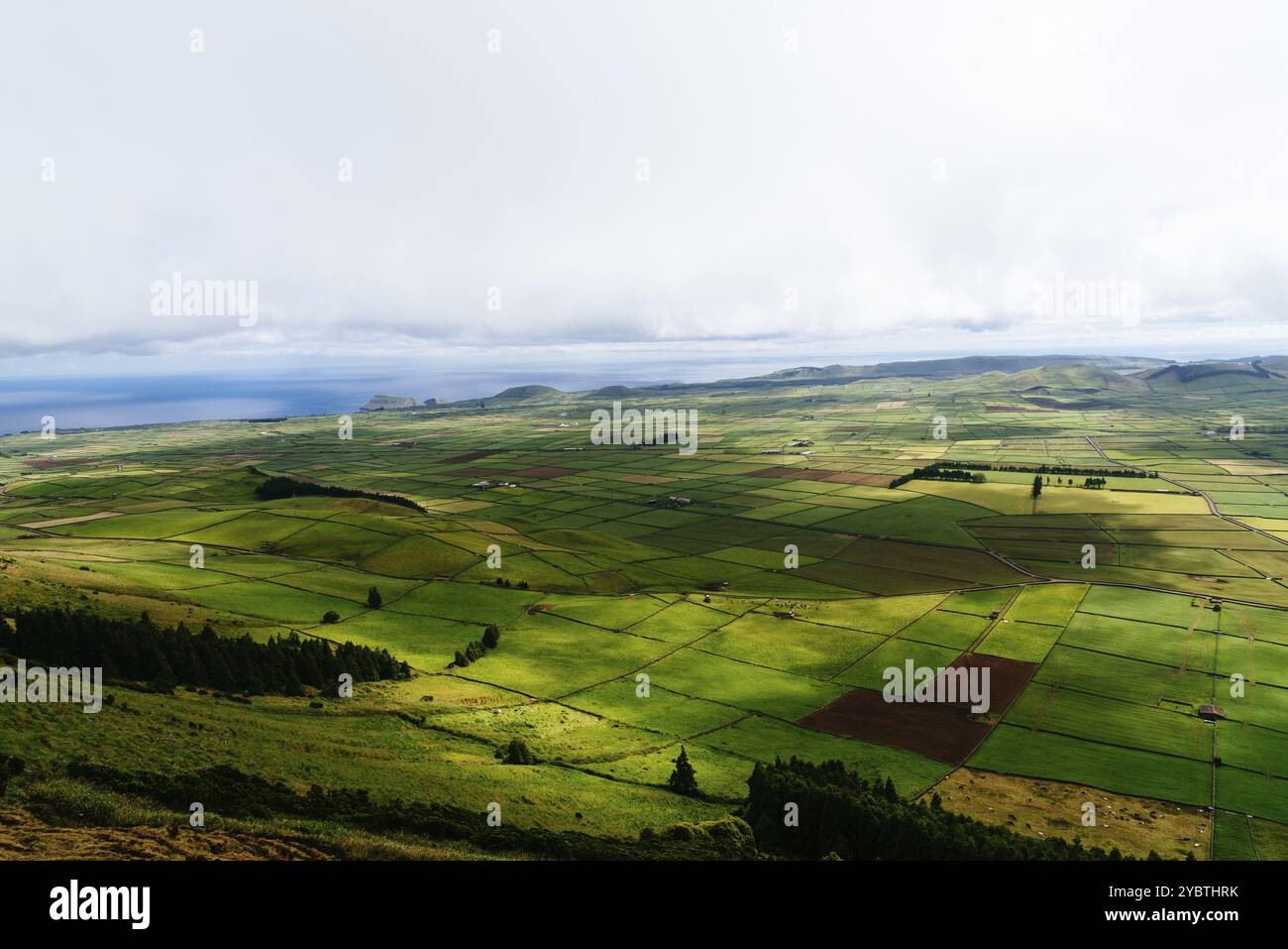 Panoramic aerial view of traditional rural farmland in Terceira Island ...