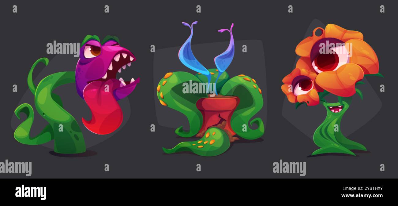 Scary monster plants with head flowers. Cartoon vector illustration set ...