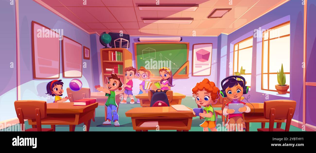 Cartoon children playing with ball and gadgets, talking and walking ...