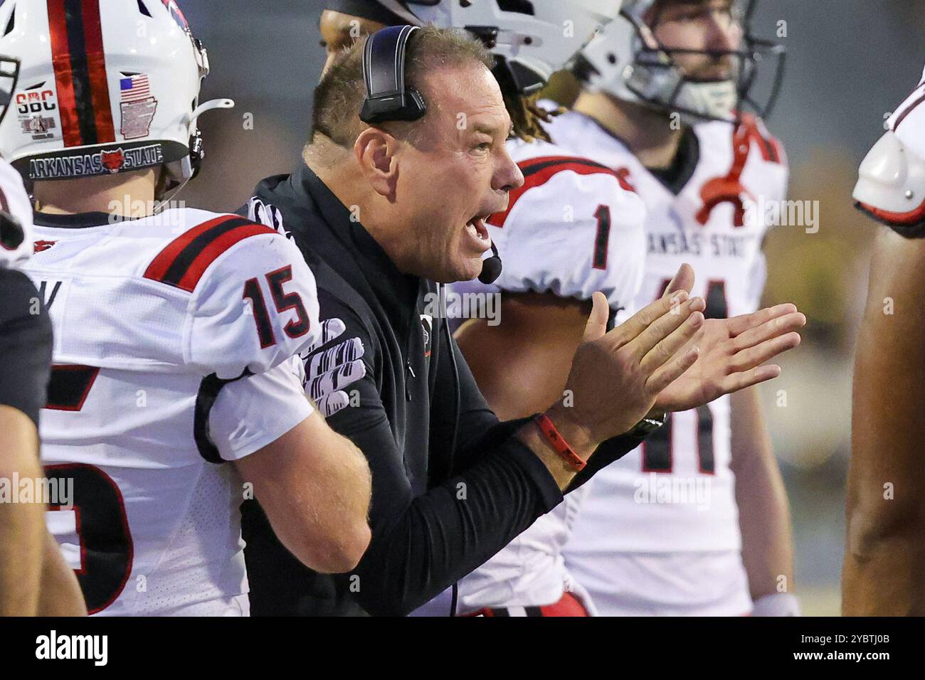 Oct 19, 2024: Arkansas State Red Wolves head coach encourages his ...