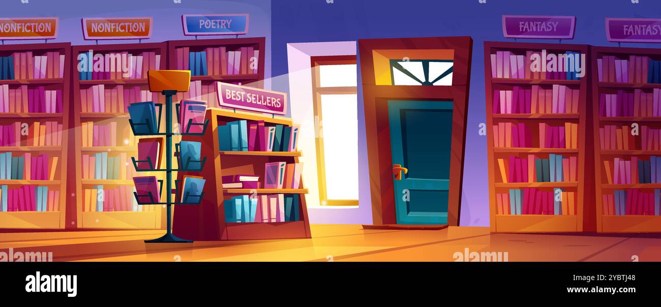 Bookstore interior with books on shelves and in racks, light through ...