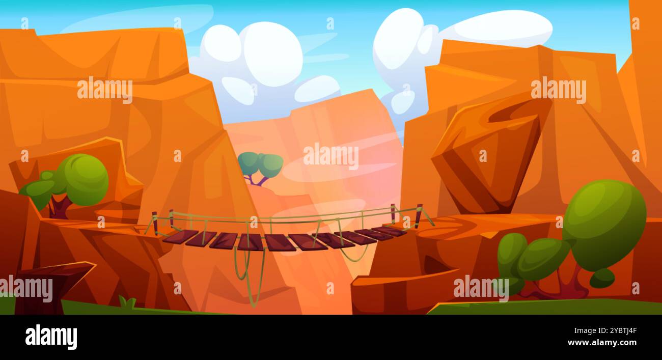 Wooden bridge on mountain cliff suspension edges over chasm in desert ...