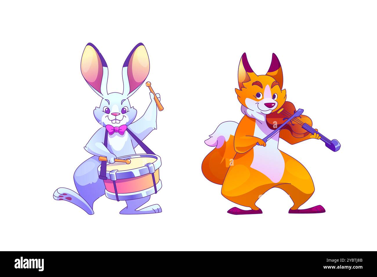 Cute bunny and fox playing music set isolated on white background ...