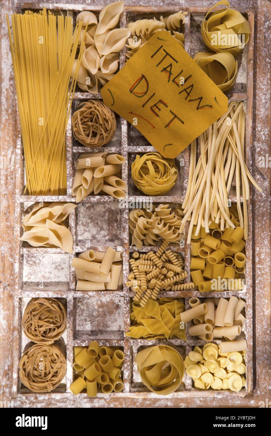 Presentation of varieties of Italian pasta made with white flour Stock ...