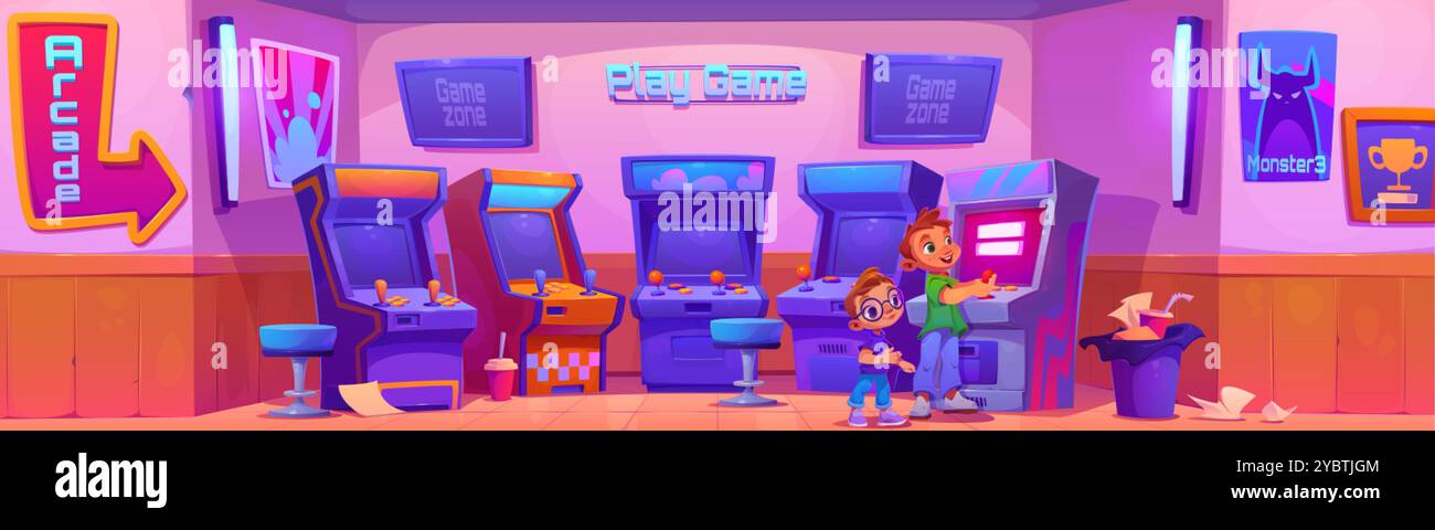 Kid boys playing arcade in retro game machine room interior. Cute ...