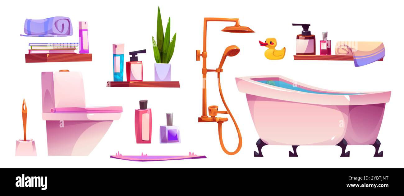 Bathroom interior design elements set isolated on white background. Vector cartoon illustration ...