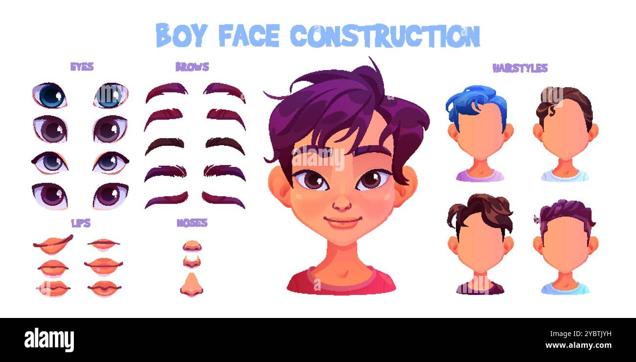 Cartoon kid boy face construction kit. Boy face diy constructor ...