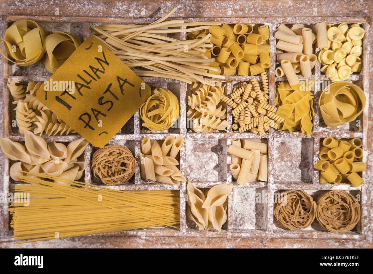 Presentation of varieties of Italian pasta made with white flour Stock ...