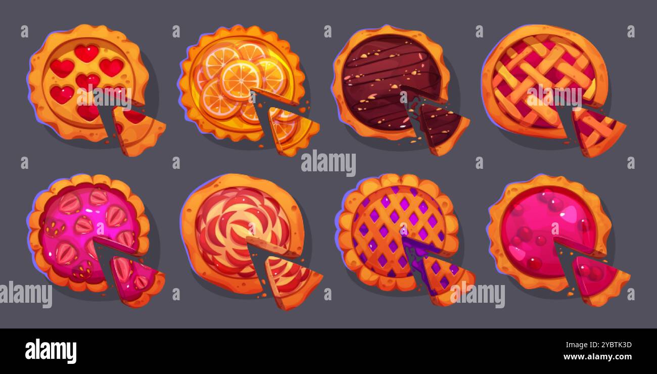 Cut round tart with triangle piece and crumbles. Cartoon vector ...