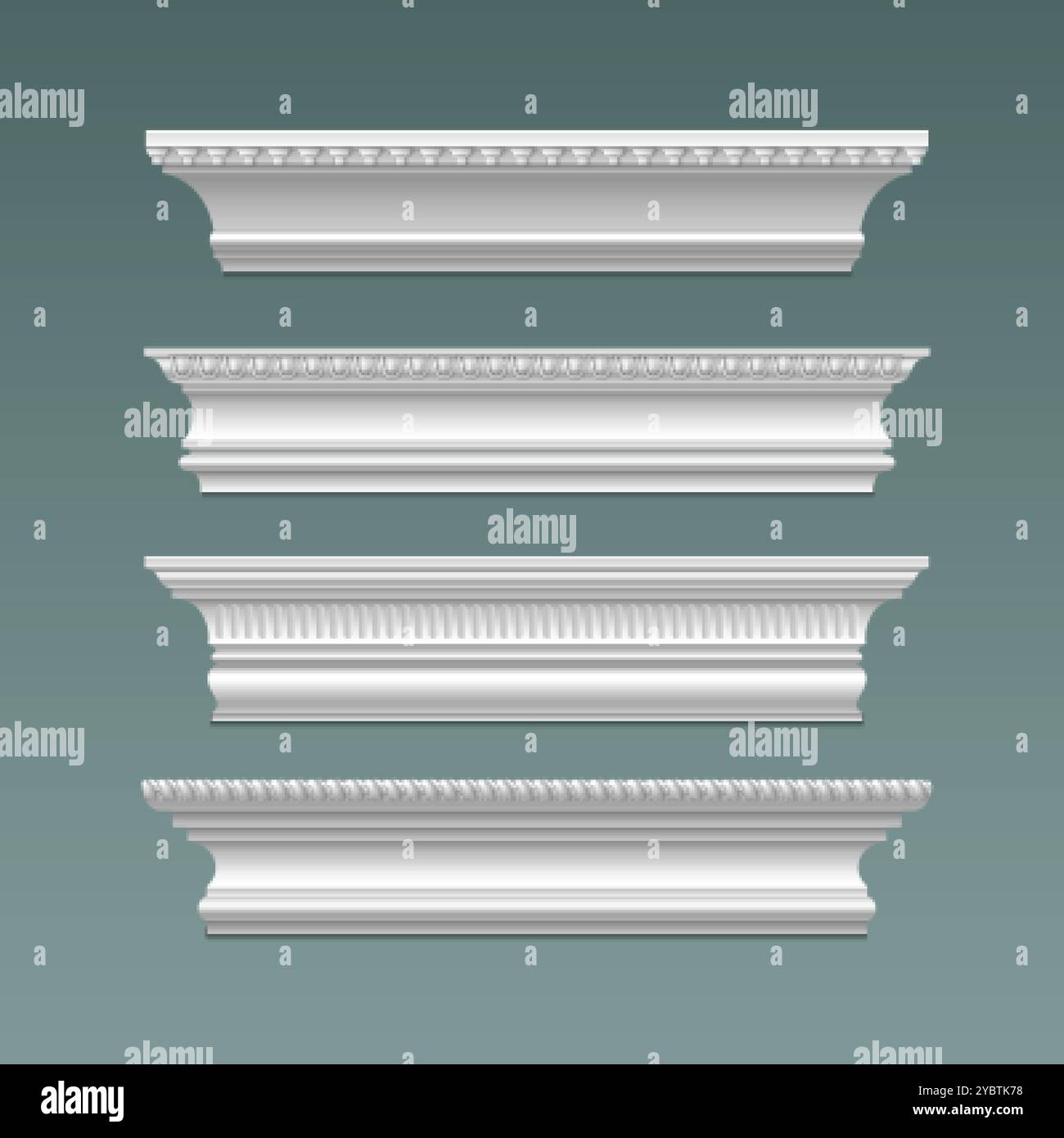 Wall and ceiling white classic gypsum cornice with ornament. Realistic ...