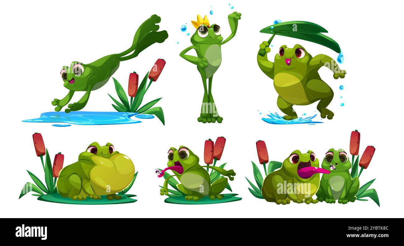Cute frog cartoon character mascot in different poses - green pond ...