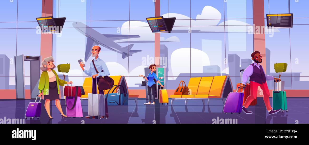 People with suitcases in airport waiting room with airplane over large ...