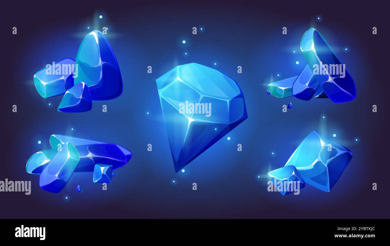 Magic blue gemstones set isolated on background. Vector cartoon ...