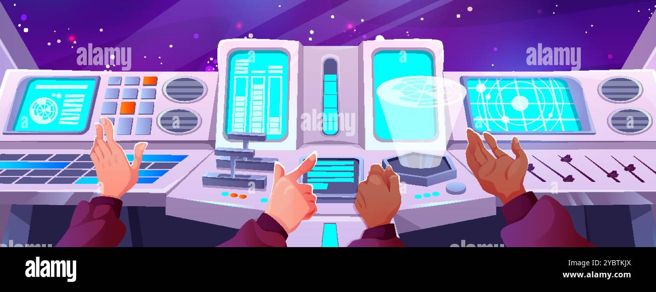 Spaceship cockpit interior with male pilot hands on control panel. Cartoon vector illustration ...