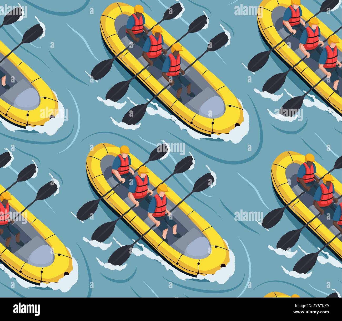 Vector seamless pattern with people doing rafting on river top view ...