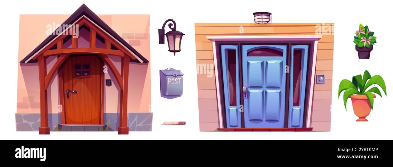 House porch with front door set isolated on white background. Vector ...