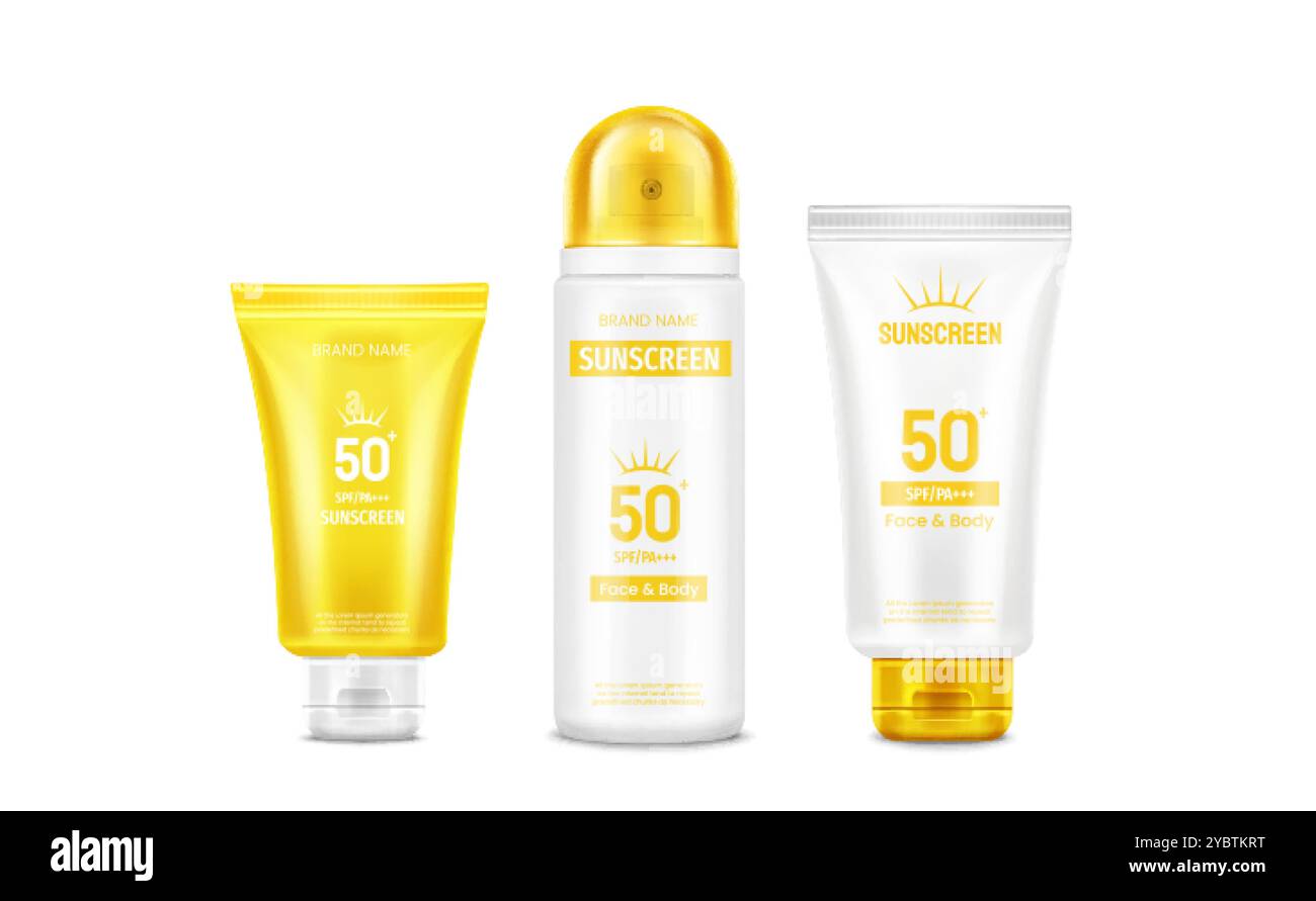Sunscreen cream bottle and tube with yellow cap. Realistic 3d vector ...